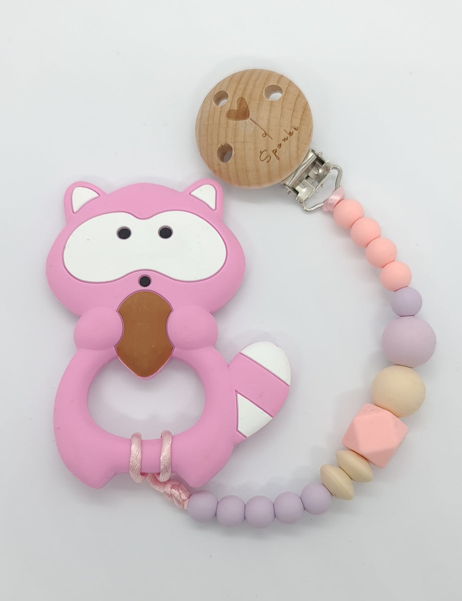 Pacifier holder with silicone raccoon chewer – snape.lt